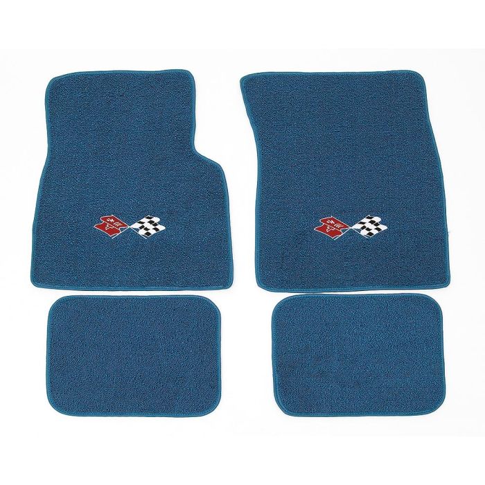 Full Size Chevy Floor Mats Blue Carpet With Embroidered Bowtie Crossed Flags Impala Crossed Flags or SS Logo 1958